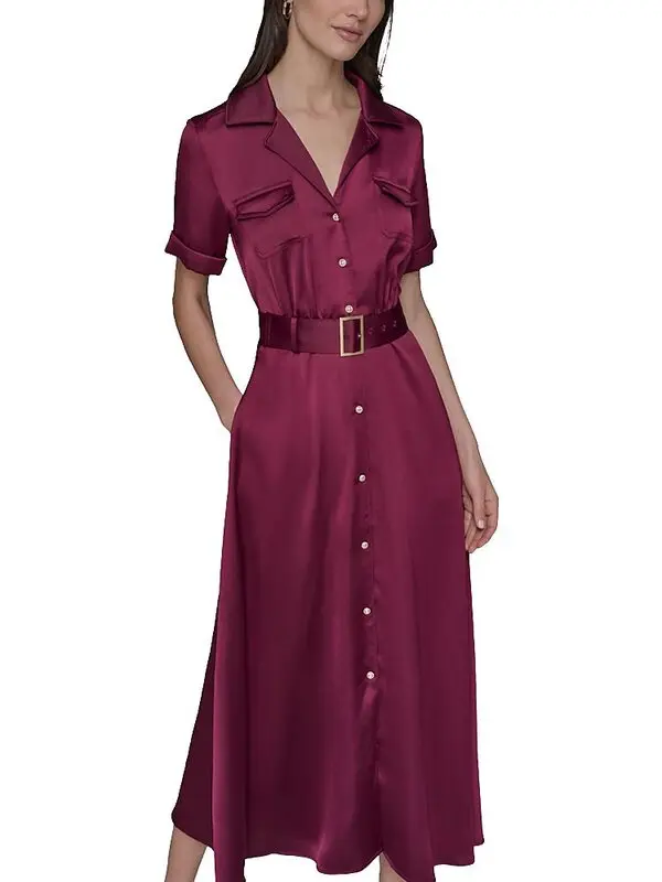Karl Lagerfeld Paris Satin Belted Midi Shirtdress - Wine