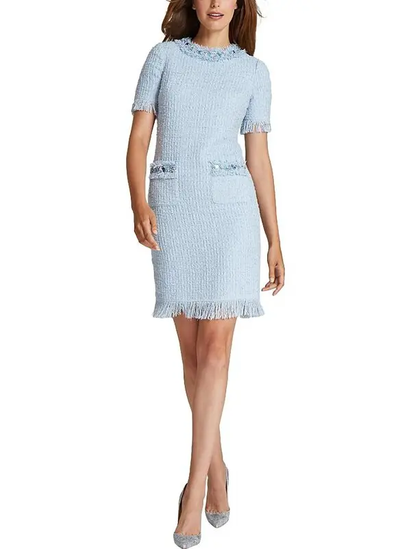 Rickie Freeman For Teri Jon Beaded Fringe Tweed Dress - Light Blue