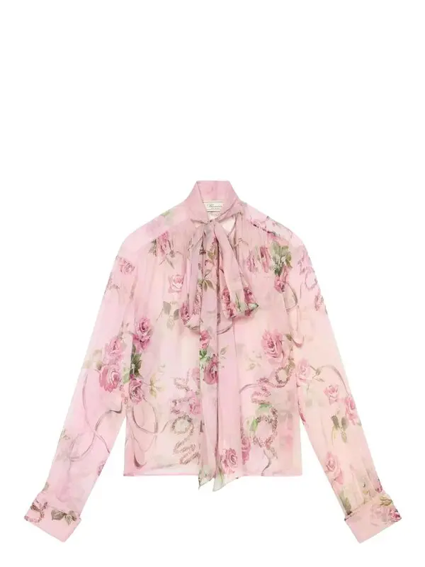 Blumarine Floral-print Tie-neck Blouse - Pink