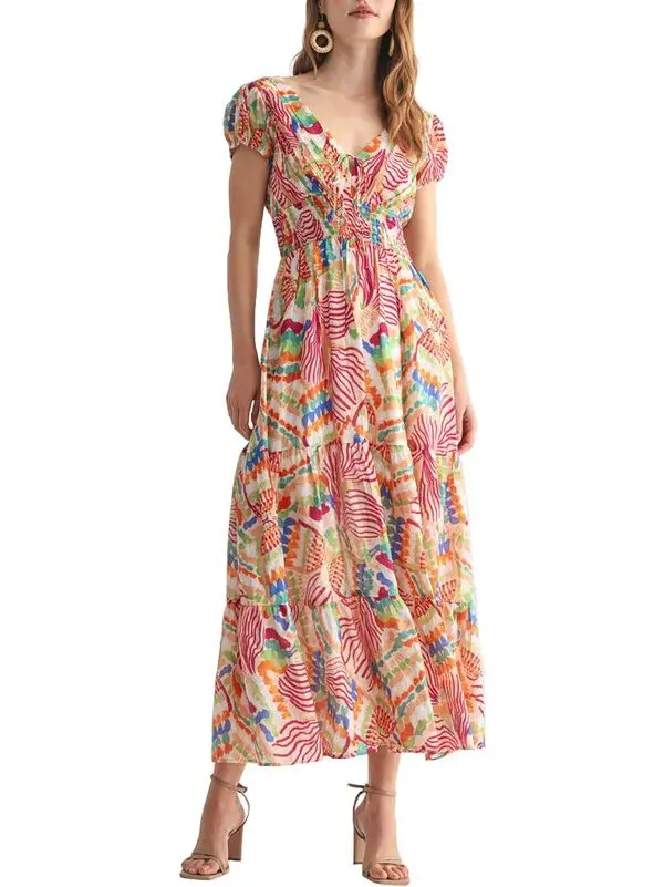 ALL IN FAVOR Abstract Print Smock Waist Tiered Cotton Blend Dress - Multi Floral