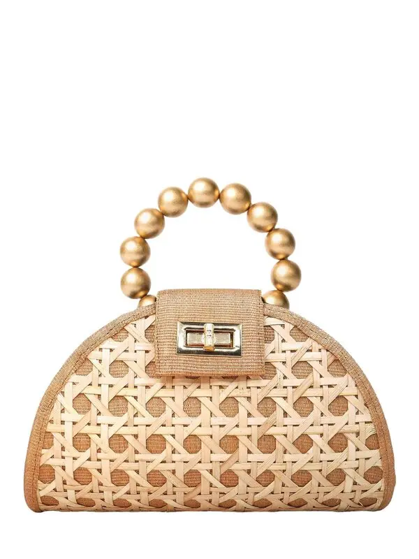 SOLI & SUN The Bella Rattan Woven Handbag - Tan & Gold