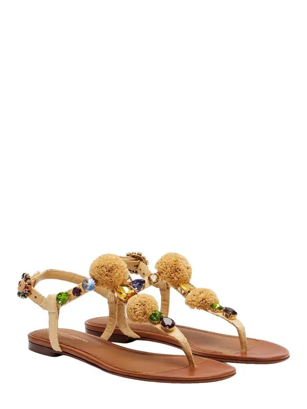 Dolce & Gabbana Embellished Raffia-effect Thong Sandals - Beige