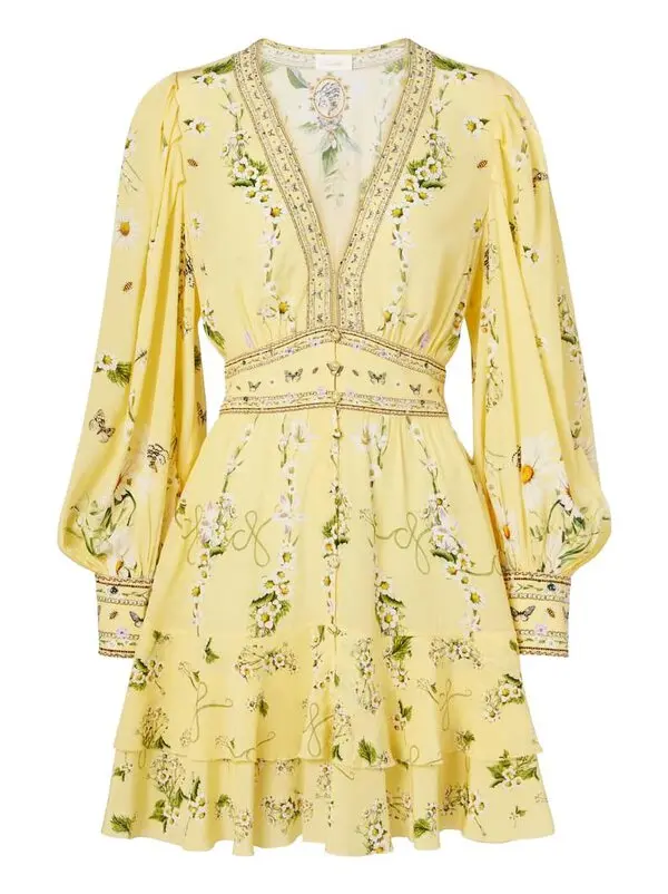 Camilla Floral Silk Crêpe Minidress - Yellow