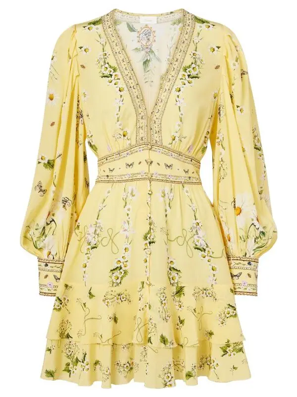 Camilla Floral Silk Crêpe Minidress - Yellow