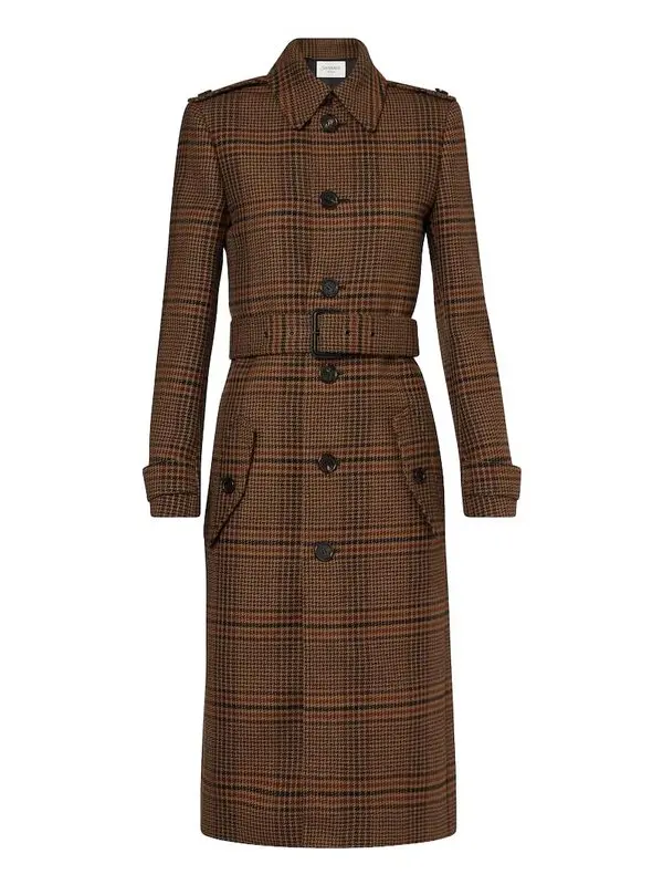 Saint Laurent Belted Prince Of Wales Wool Coat - Brown