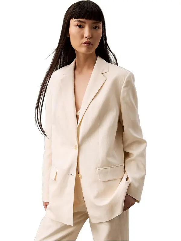 Calvin Klein Linen Blend Collarless Blazer - Antique White