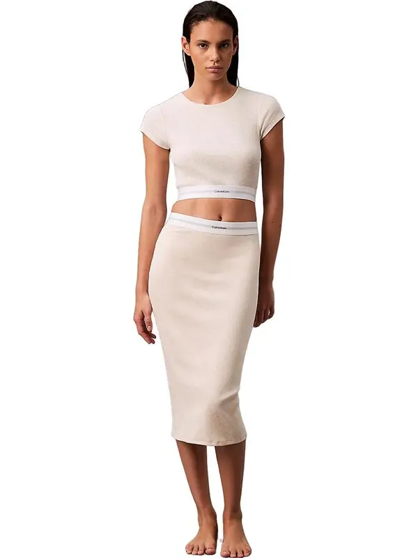 Calvin Klein Cotton Stretch Rib Midi Skirt - Oatmeal Heather
