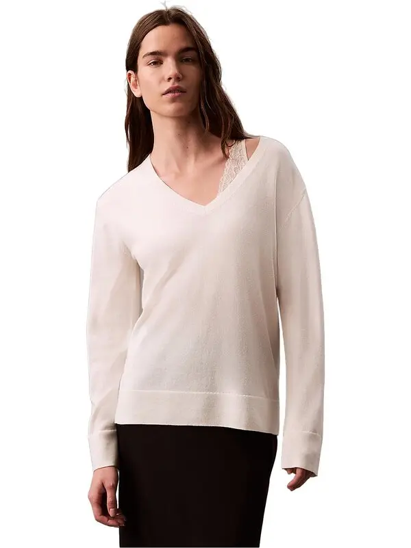 Calvin Klein Extra Fine Merino Blend V-neck Sweater - Antique White