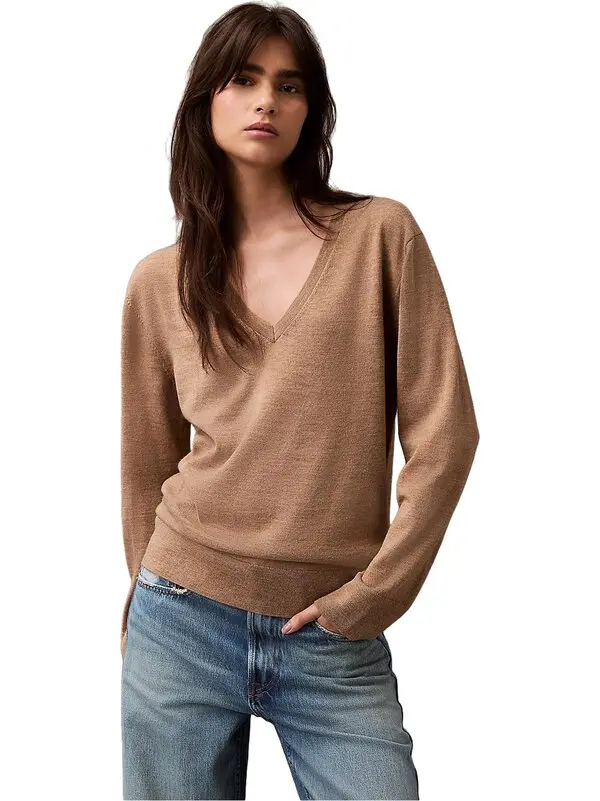 Calvin Klein Extra Fine Merino Blend V-neck Sweater - Brindle Heather