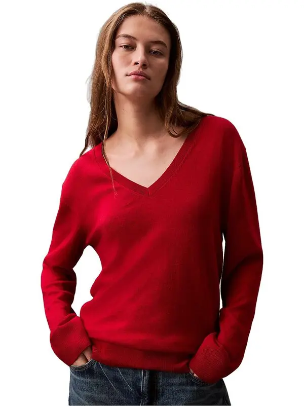 Calvin Klein Extra Fine Merino Blend V-neck Sweater - Scarlet