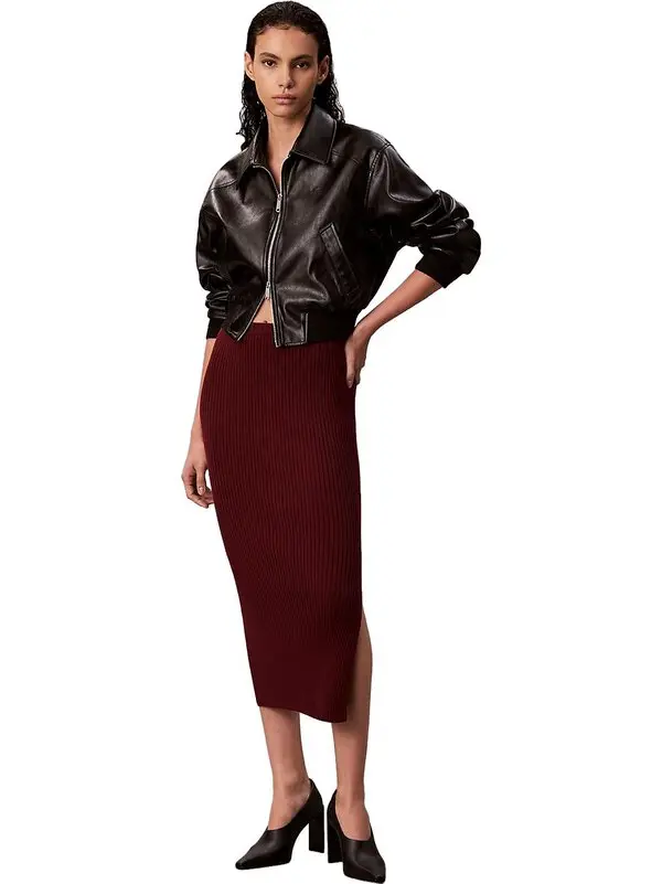 Calvin Klein Smooth Cotton Rib Midi Skirt - Deep Rouge