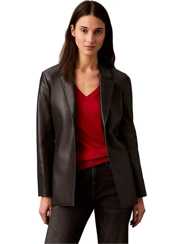 Calvin Klein Faux Leather Slim Fit Blazer - Black Beauty