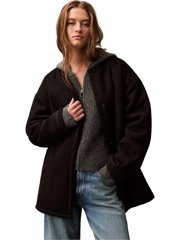 Calvin Klein Faux Shearling Collarless Coat - Black