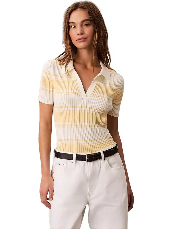Calvin Klein Cotton Rib Polo Sweater - Sweet Corn Stripe