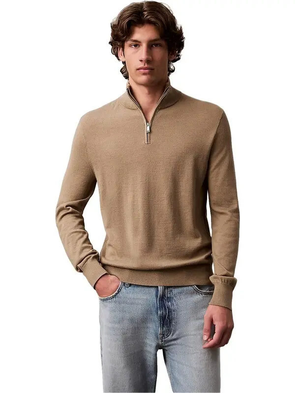 Calvin Klein Quarter Zip Merino Wool Blend Sweater - Brindle
