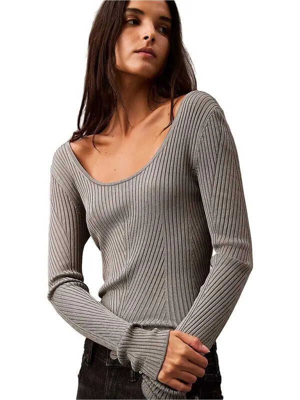 Calvin Klein Scoop Neck Ribbed Sweater - Elephant Skin