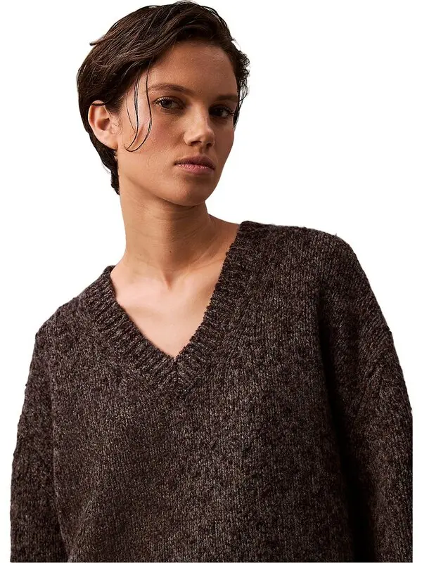 Calvin Klein Melange Wool V-neck Sweater - Black Olive Heather