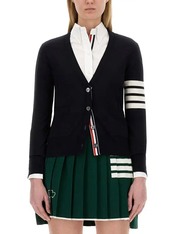 Thom Browne V-neck Cardigan With Signature Stripes - Blue