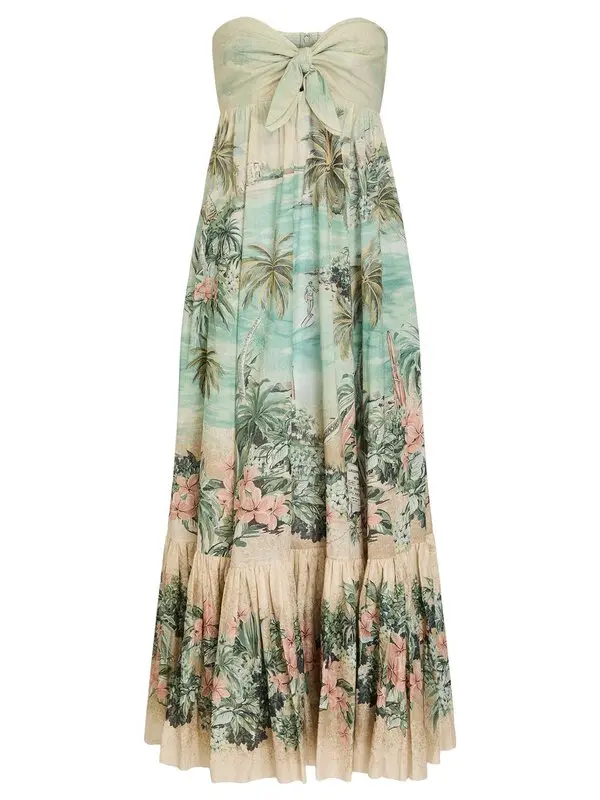 Zimmermann Strapless Printed Cotton-gauze Midi Dress - Light Green