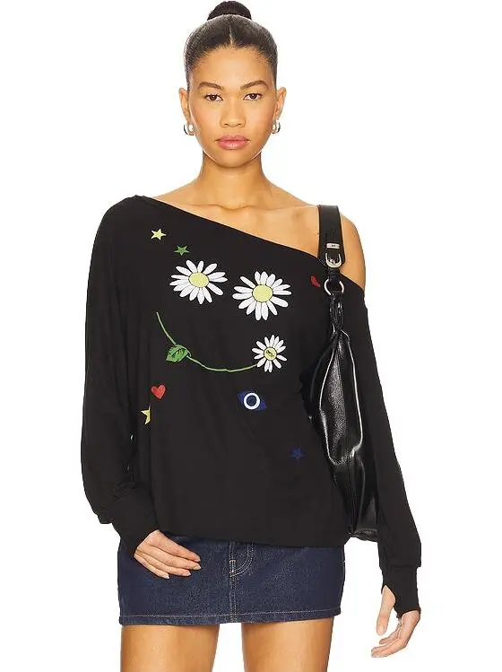 Lauren Moshi Krista Daisy Happyface One Shoulder Top - Black