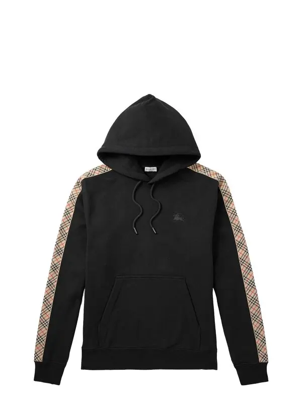 Burberry Checked Logo-embroidered Cotton-jersey Hoodie - Black