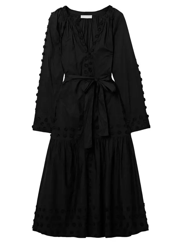 Ulla Johnson Emera Belted Appliquéd Cotton-voile Midi Dress - Black