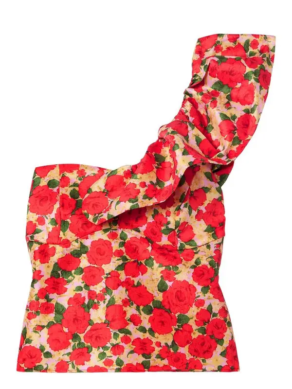 KIKA VARGAS Yazmeen One-shoulder Ruffled Floral-print Taffeta Top - Red