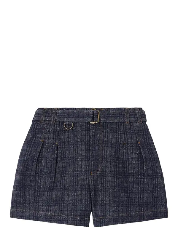 Burberry Belted Checked Denim Shorts - Blue