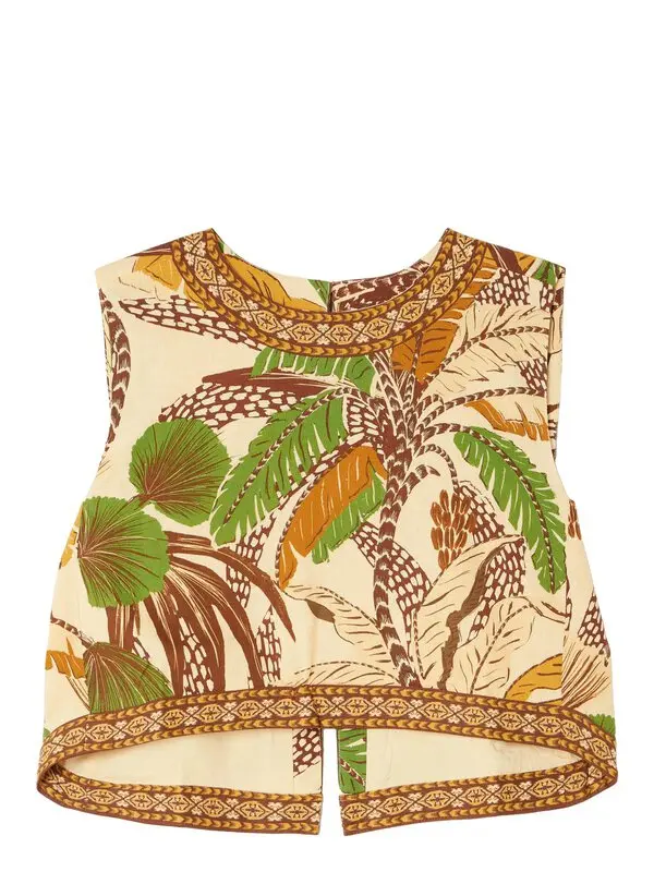 Farm Rio Cropped Printed Linen-blend Top - Neutrals