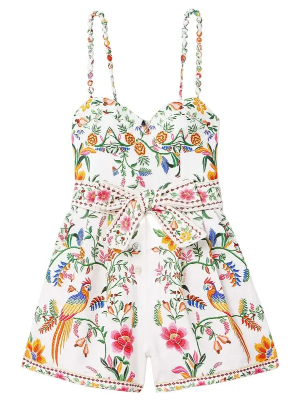 Farm Rio Floral-print Linen Playsuit - White