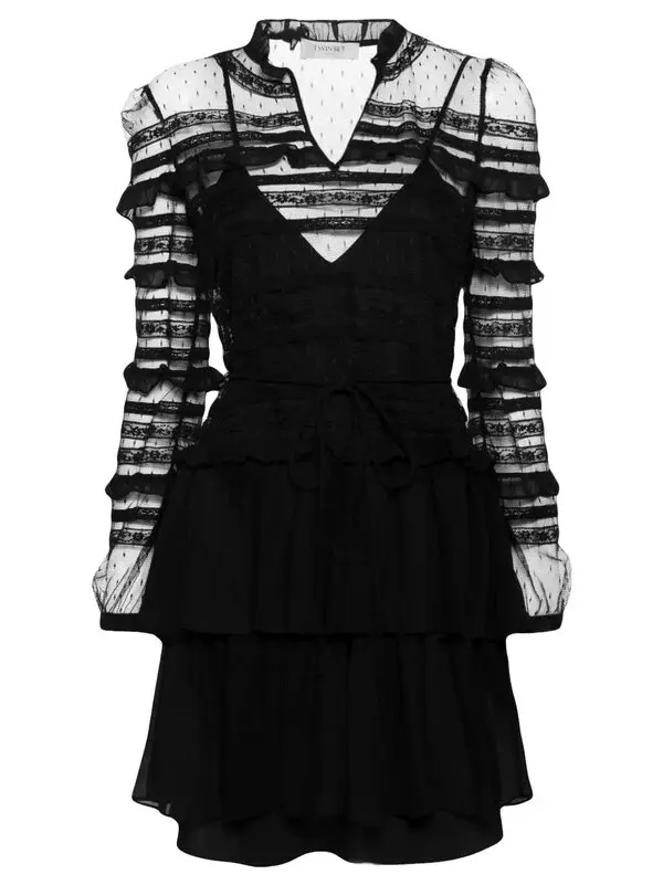 TWINSET Ruffled Mesh Mini Dress - Black