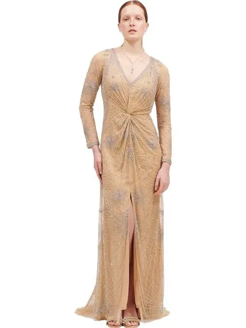 BEAUUT Embellished Sequin Beaded Maxi Dress - Taupe Blush
