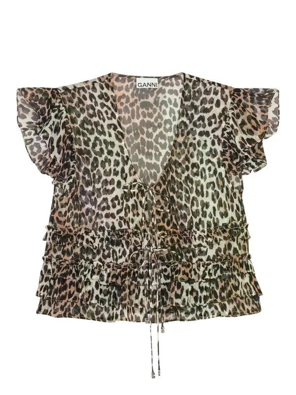 GANNI Leopard-print Ruffled Blouse - Neutrals