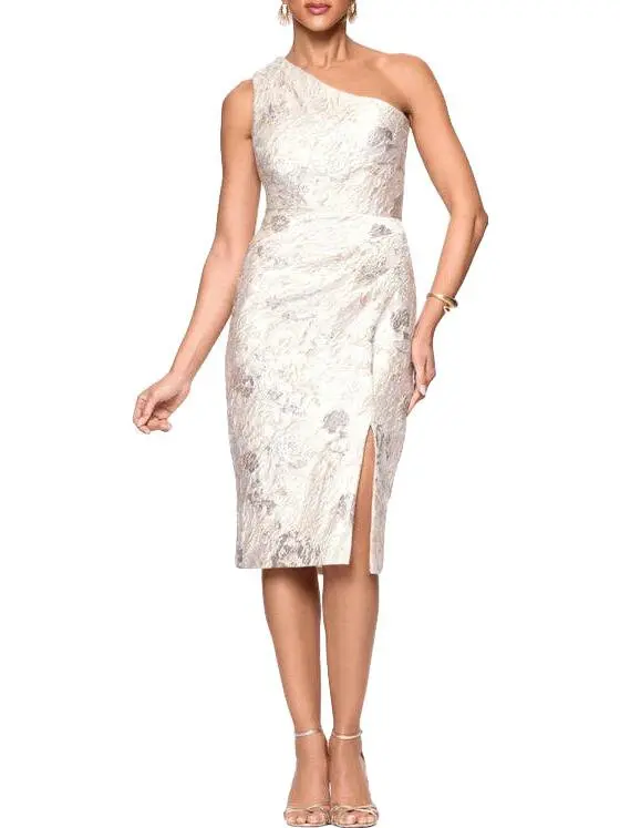 XSCAPE EVENINGS Metallic Floral Jacquard One-shoulder Sheath Cocktail Dress - Champagne
