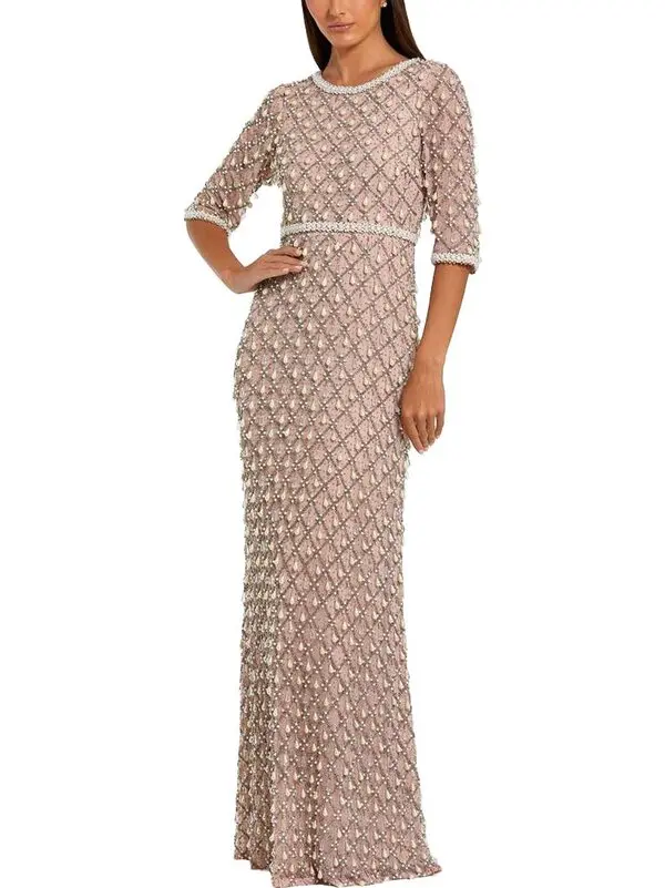 Mac Duggal 3/4 Sleeve Pearl Embellished Mesh Gown - Light Rose