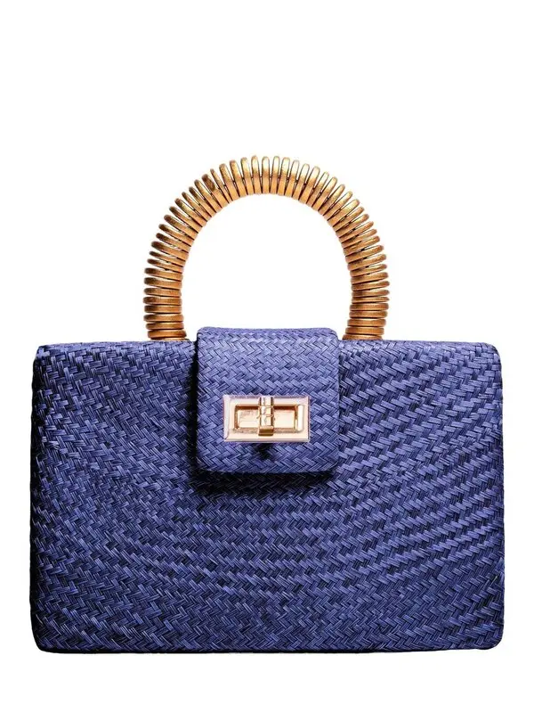 SOLI & SUN The Gracie Woven Buntal Straw Clutch Bag - Navy Blue & Gold