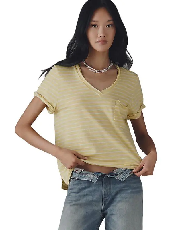 PILCRO The Quinn Short-sleeve V-neck T-shirt - Acacia/vanilla Stripe