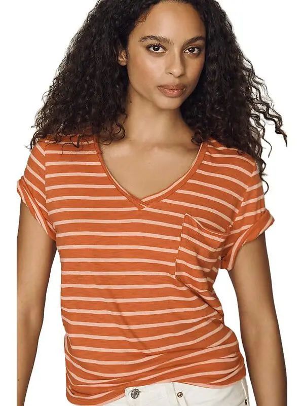 PILCRO Quinn Short-sleeve V-neck T-shirt - Coral Pink/chili Stripe
