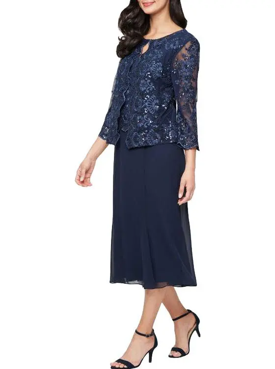 Alex Evenings Embroidered Sequin Tulle Mock Jacket Cocktail Midi Dress - Navy