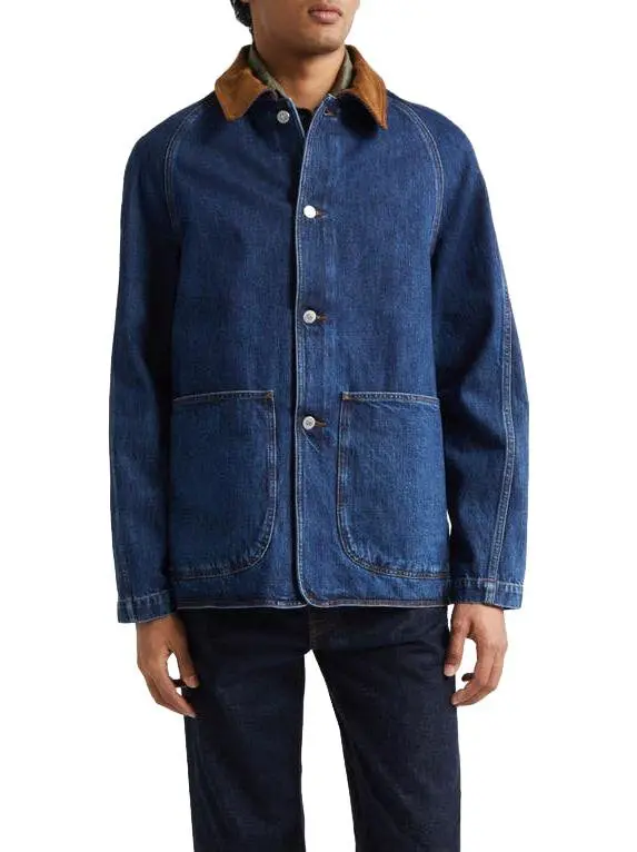 DRAKE'S Corduroy-collar Denim Chore Coat - Stone Wash