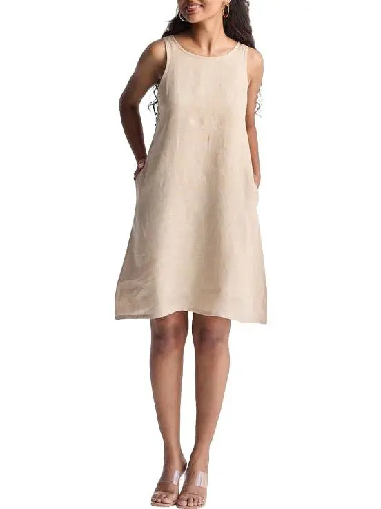REISTOR Hemp Short Dress With Embroidered Lace Back Detail - Beige