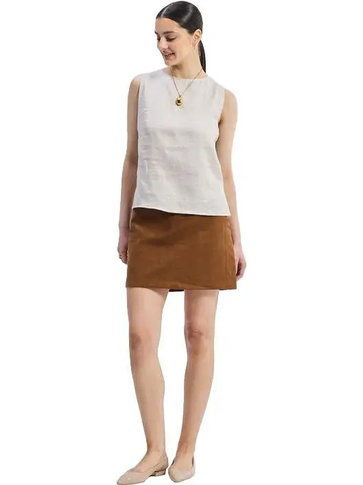 REISTOR Checkered Linen Boat Neck Top - Linen Check