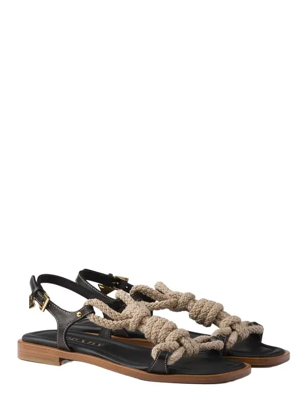 Prada Flat Leather And Cord Sandals - Black