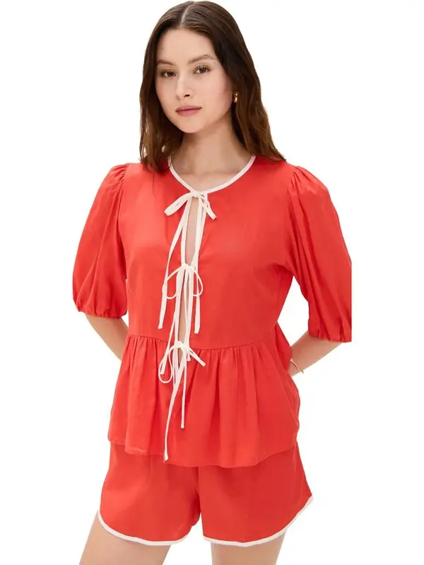 DRESS TO Tie-detailed Blouse - Guara Red/off White