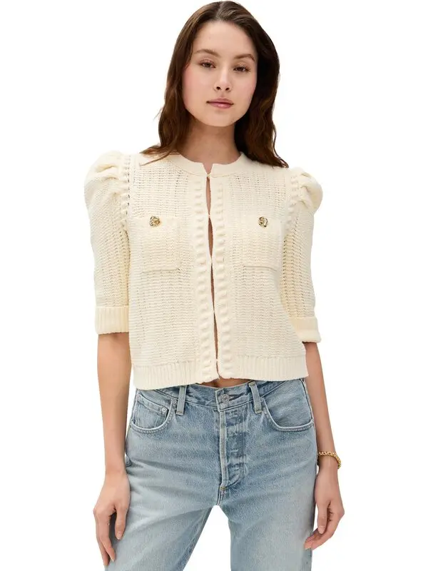 L'Agence Delilah Crop Textured Cardigan - Vintage White/gold Knot