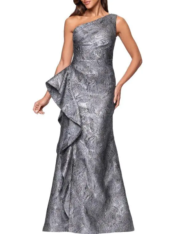 XSCAPE EVENINGS Metallic Ruffle One-shoulder Jacquard Mermaid Gown - Gunmetal