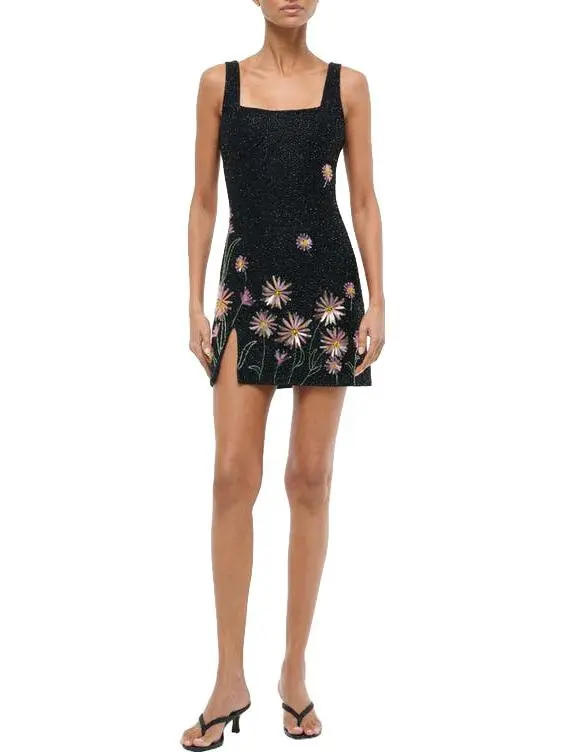 Staud Floral Beaded Minidress - Dahlia Daydream Black