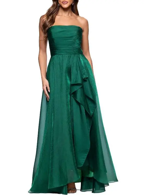 XSCAPE EVENINGS Strapless Ruffle Detail Metallic Organza Gown - Green