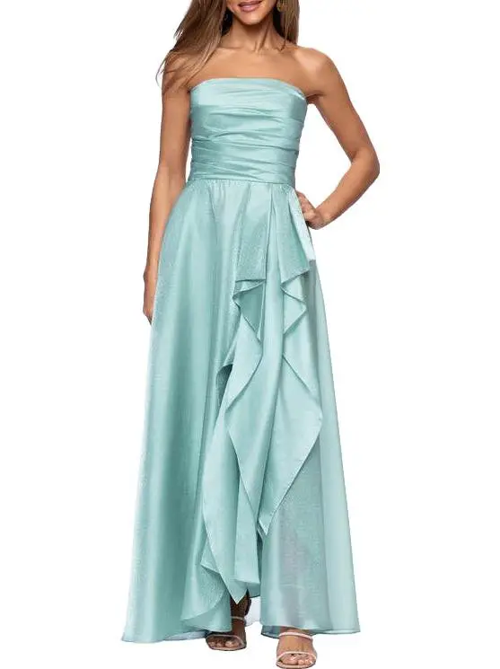XSCAPE EVENINGS Strapless Ruffle Detail Metallic Organza Gown - Seafoam