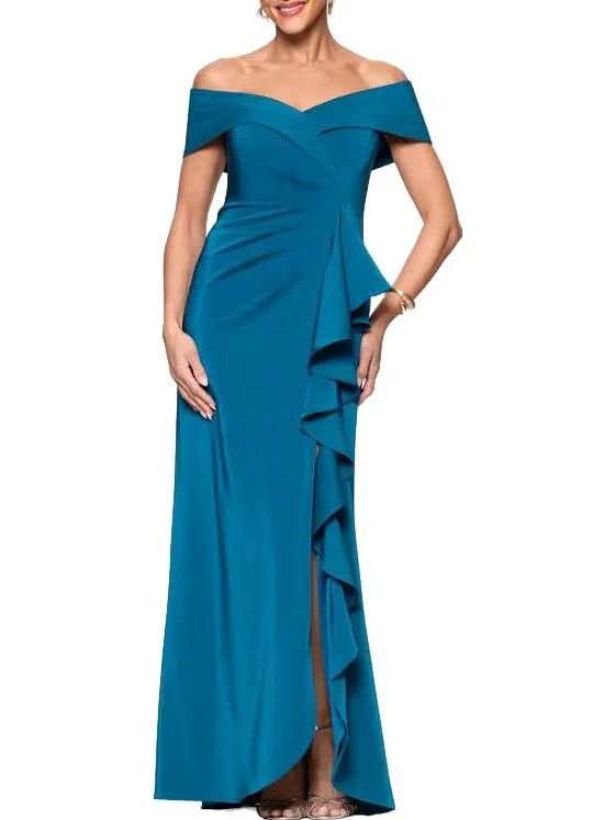XSCAPE EVENINGS Ruffle Off-the-shoulder Satin Faille Trumpet Gown - Peacock